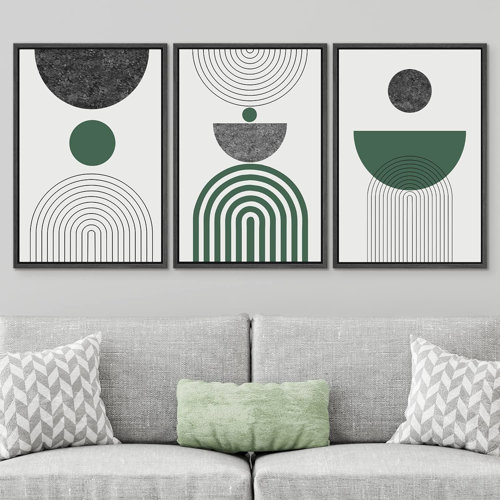 IDEA4WALL Mid Century Modern Boho Green Abstract Framed On Canvas 3 Pieces Print | Wayfair